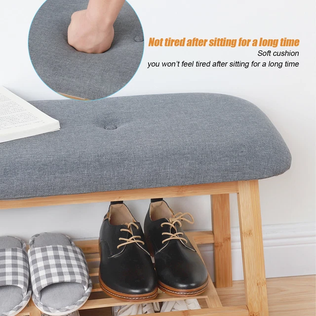 2 TIER BAMBOO Shoe Rack Bench Cushion Seat Entryway Storage Shelf ...