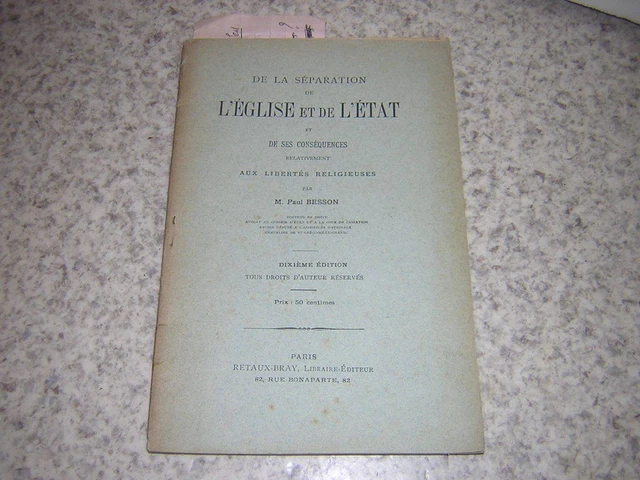 1890.SÉPARATION DE L'ÉGLISE et de l'état / Paul Besson EUR 33,00 ...