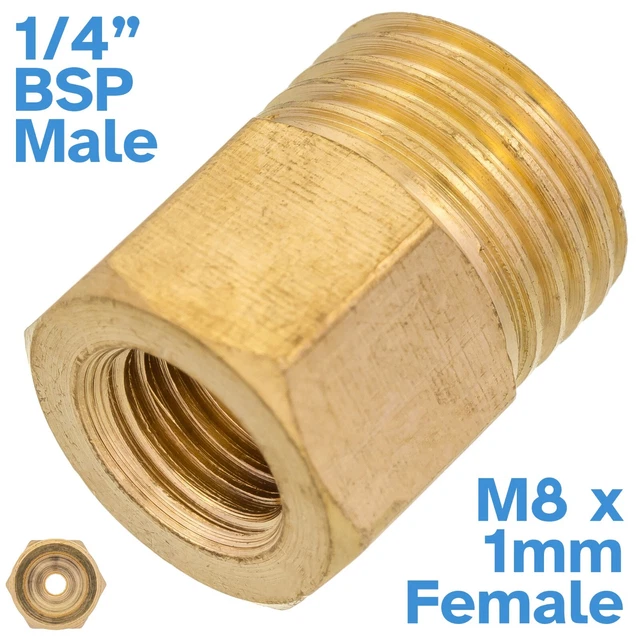BRASS FEMALE M8 x 1mm To Male 1/4" BSP Pipe Reducer Threaded Adapter ...