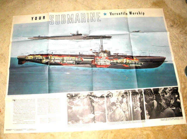 WWII GIANT POSTER Usa Submarine Cross Section Map Japan Newsmap Japan ...