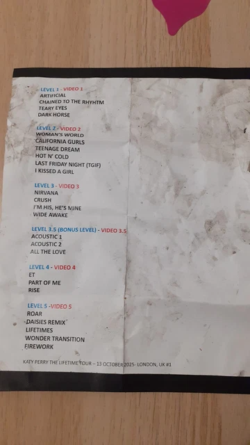 KATY PERRY SETLIST London The Lifetimes Tour 2025 EUR 49,00 - PicClick FR