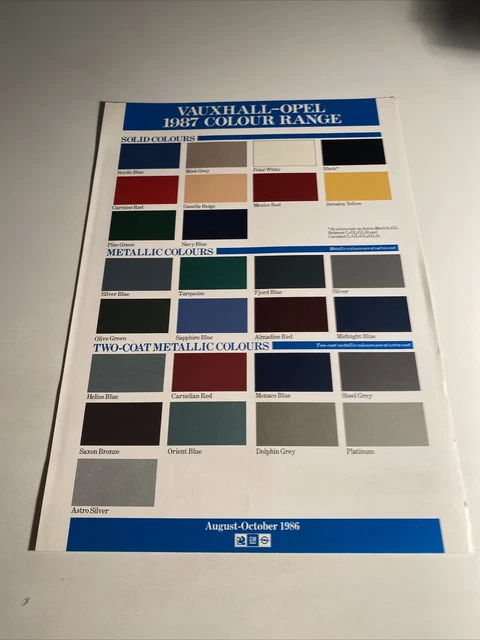 VAUXHALL RANGE PAINTWORK Colour Chart Brochure 1987 Nova Astra Cavalier ...