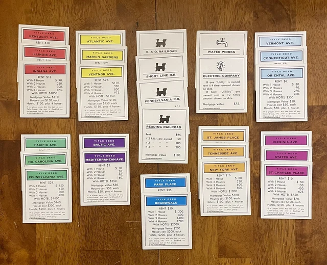 VINTAGE MONOPOLY CLASSIC Property Title Deed Cards Complete Set Game ...