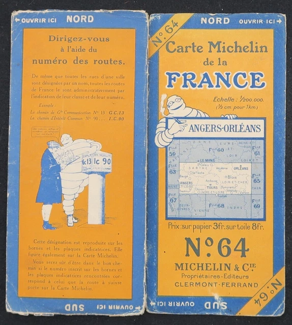 CARTE MICHELIN 64 ANGERS ORLEANS 1925 entoilée Guide Bibendum pneu tyre ...