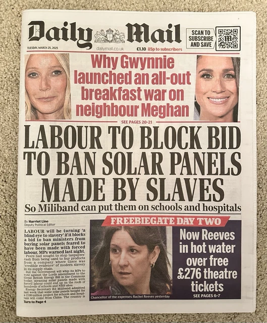 DAILY MAIL 25TH March 2025 25/3/25 Rachel Reeves Freebiegate & Duchess ...