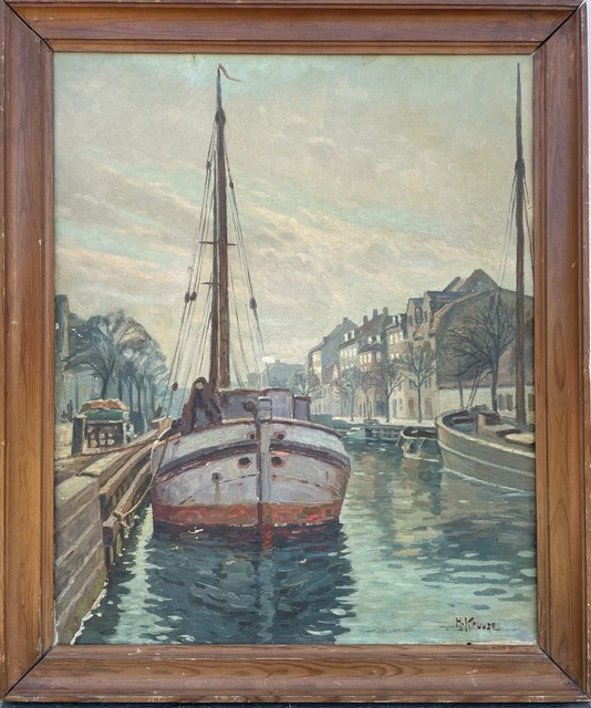 OIL PAINTING HANS Kruuse 1893-1964 Boats IN City Harbor Kopenhagen ...