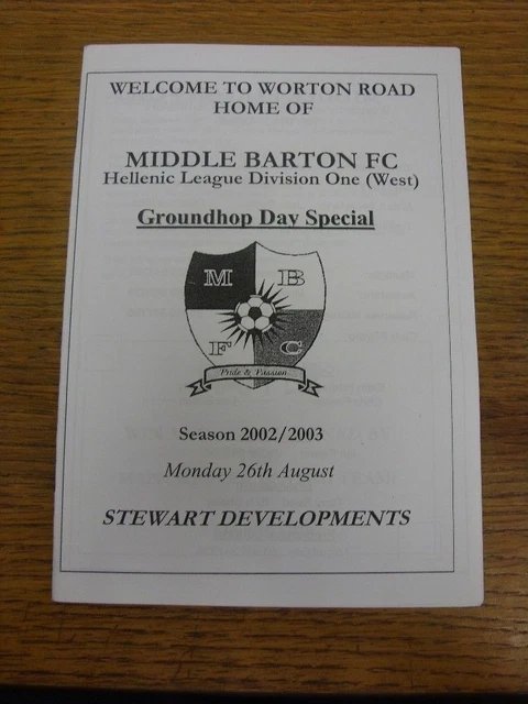 26/08/2002 MIDDLE BARTON v Adderbury Park . Please find this item ...