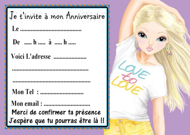10 CARTES INVITATION anniversaire avec ou sans enveloppe Top Model Ref ...