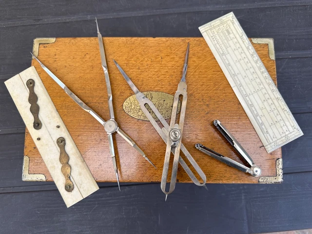 OAK BOX SET OF STANLEY DRAWING INSTRUMENTS inc 2 PAIRS OF PROPORTIONAL ...