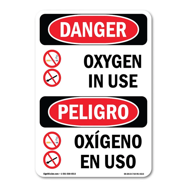 OXYGEN IN USE Bilingual ANSI Danger Sign Metal Plastic Decal $10.99 ...