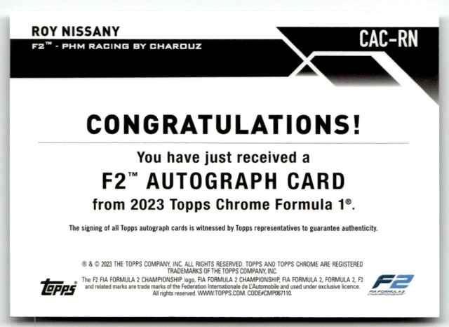 TOPPS 2023 CHROME Fórmula 1 CAC-RN Roy Nissany Rookie Refractor Auto ...