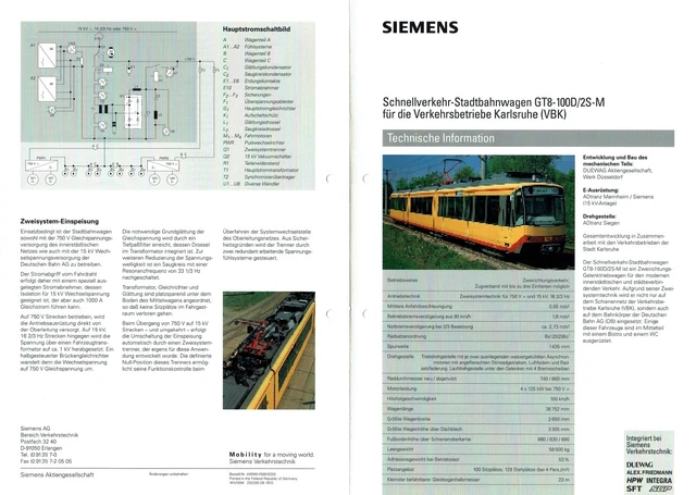 SIEMENS DATENBLATT SCHNELLVERKEHR-STADTBAHNWAGEN GT8-100D/2S-M VBK ...