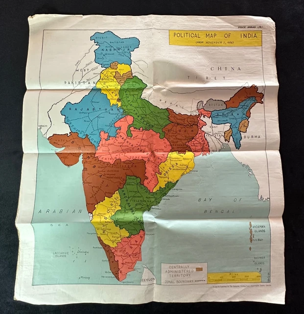 1956 POLITICAL MAP of India Printed and Published in Calcutta 18"x20" £ ...