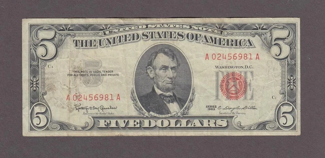 US NOTE $5.00 Banknote 1963 Red Seal A02456981A £8.46 - PicClick UK