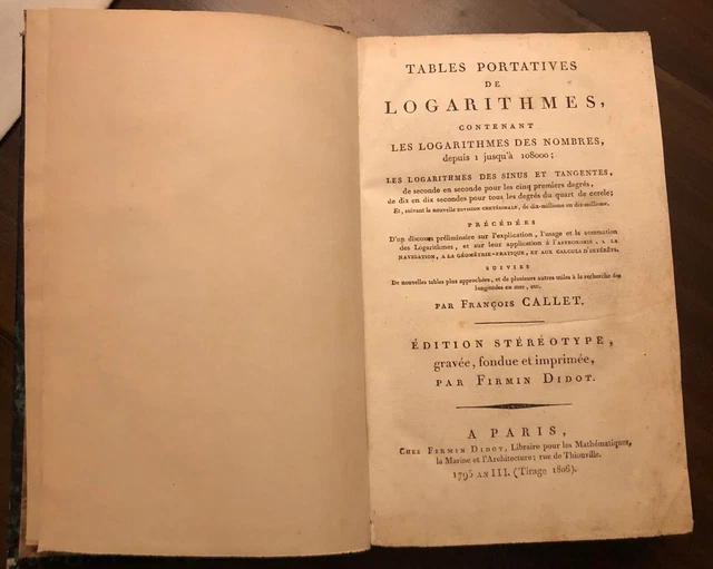 LIVRE ANCIEN MATHÉMATIQUE. Table portative de logarithme. EUR 20,00 ...