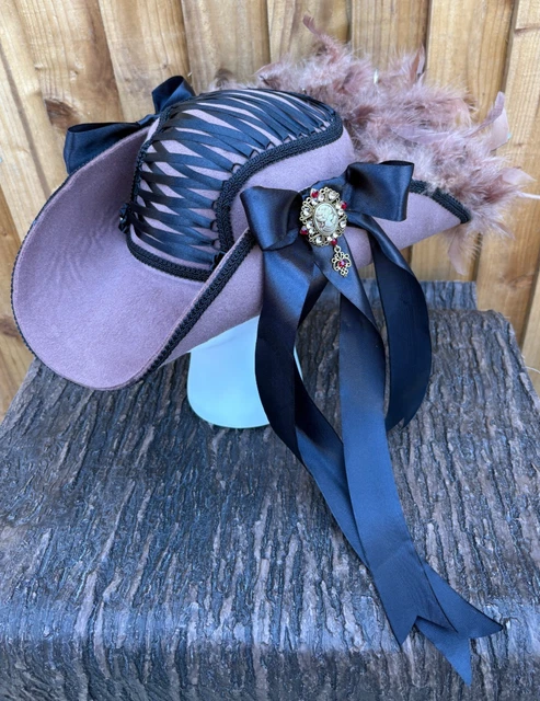 BROWN BLACK TRICORN Pirate Hat Renaissance Feathers Corset Jewel 57cm ...