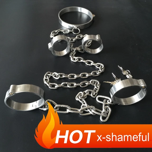 STAINLESS STEEL LOCKABLE Binding Neck Collar Handcuffs Ankle Cuffs For ...