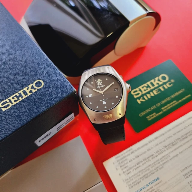SEIKO KINETIC BLACK Dial Watch Full Set 5M42-0E48 Mens Rare Retro ...