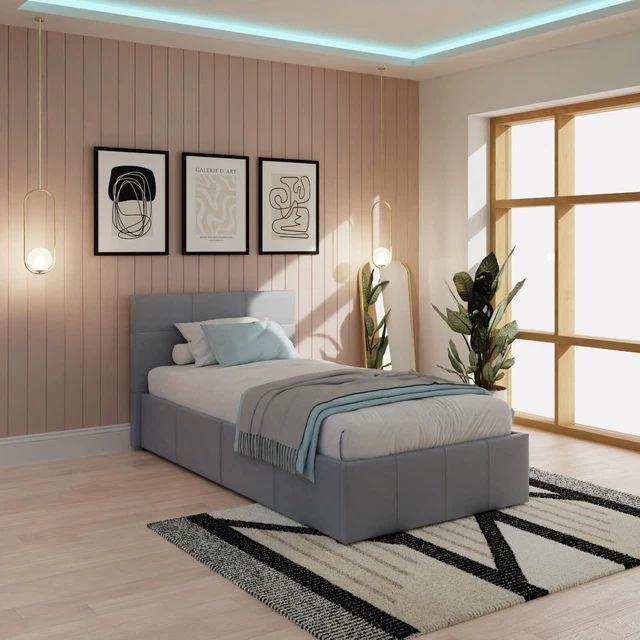 GREY SIDE LIFT 3ft Single faux leather ottoman storage bed gas lift up ...