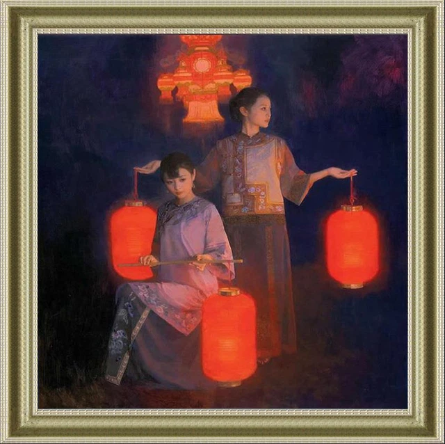 HAND PAINTED ORIGINAL Oil Painting art Portrait Chinese girl lantern on canvas £625.17 - PicClick UK