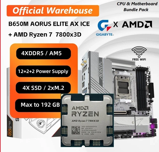 AMD RYZEN R7 7800X3D + AORUS Elite B650M AX ICE AM5 White Bundle Pack £ ...