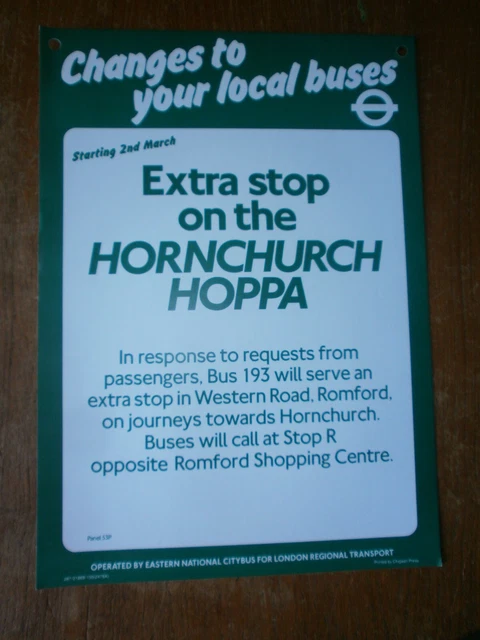 LONDON TRANSPORT TIMETABLE Panel Poster-Extra Stop on Hornchurch Hoppa ...