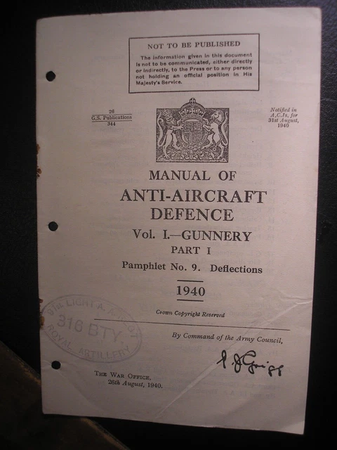 ROYAL ARTILLERY GUNNERY Deflections Manual 1940 British Army Military ...