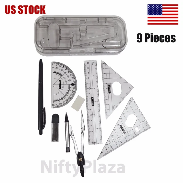 9 PIECE MATH Tool Sets, Rulers, Protractor, Mechanical Pencil, Compass ...