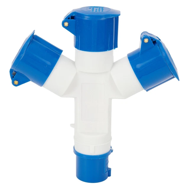 3 WAY SPLITTER 240V 16A 3Pin Blue Industrial Plug Sockets Adaptor IP44 ...