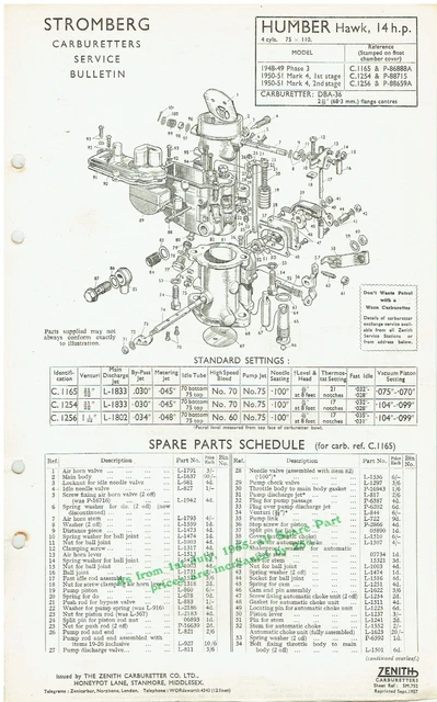HUMBER HAWK MK3 Mk4 (1948-51) STROMBERG DBA 36 CARB. SERVICE BULLETIN ...