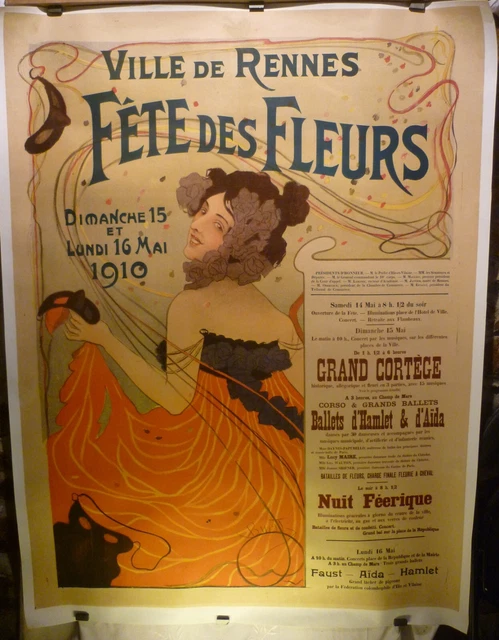 AFFICHE ANCIENNE ORIGINALE Bretagne Rennes fêtes des fleurs entoilée ...