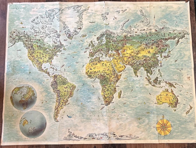PICTORIAL ILLUSTRATED MAP OF THE WORLD 1966 Signed VAL BIRO FOR ...