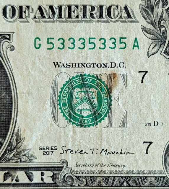 2017 $1 BILL fancy serial number, binary 3s and 5s, G 53335335 A £17.81 ...