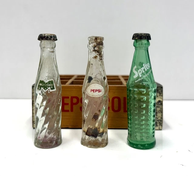 MINIATURE PEPSI SPRITE Miranda Bottles and Crate Antique approx 1940's ...