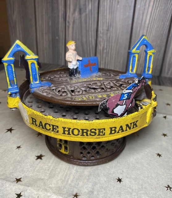 CAST IRON RACE Horse Mechanical Bank Iron Aug 15 1871 Vintage Needs ...