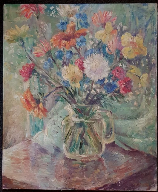 TABLEAU ANCIEN SIGNÉ .Bouquet de Fleurs. Huile sur châssis. Travail au couteau EUR 120,00 ...