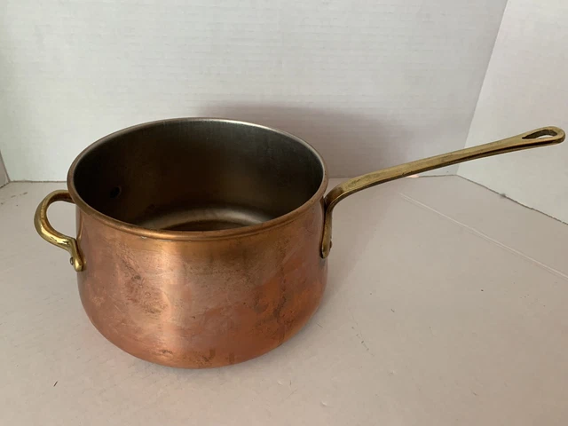 VINTAGE COPPER TWO Qt. Saucepan Pot Two Brass Handles Tin Lined Kitchen ...