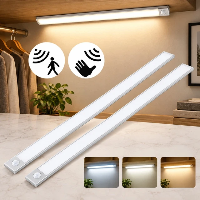 2X STRIP LIGHT LED PIR Motion Sensor Wireless Rechargeable Cabinet ...