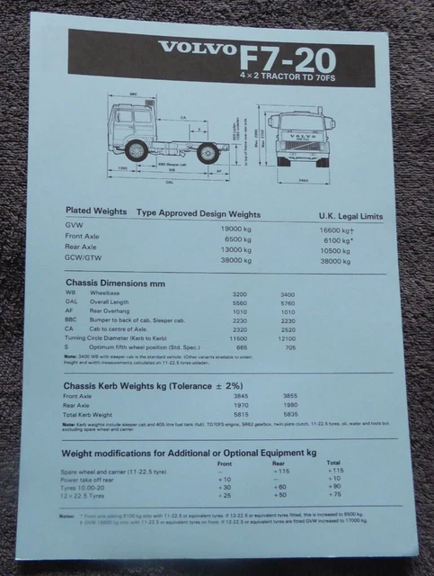 1984 VOLVO F7-20 4x2 TRACTOR TD70FS TRUCK SPECIFICATION SHEET ...