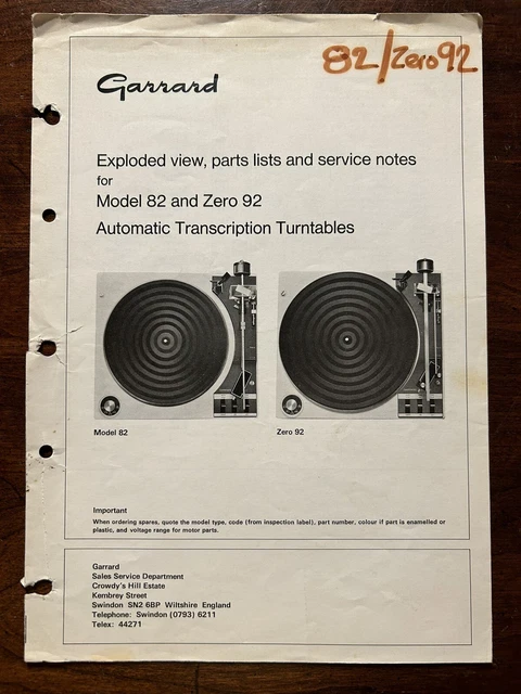 GARRARD MODEL 82 Zero 92 Turntable Exploded View OEM Service Manual ...