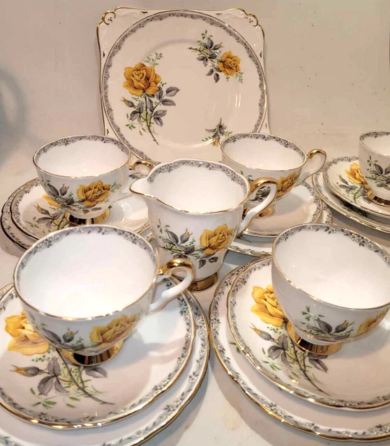 ROYAL STAFFORD YELLOW Roses to remember china tea set for six English ...