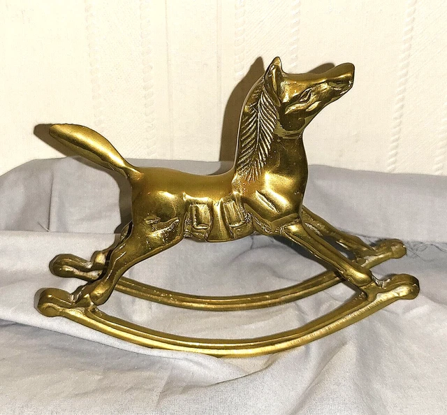 ANTIQUE ROCKING HORSE Gold Lustre Vintage Solid Brass Old Race Racing ...
