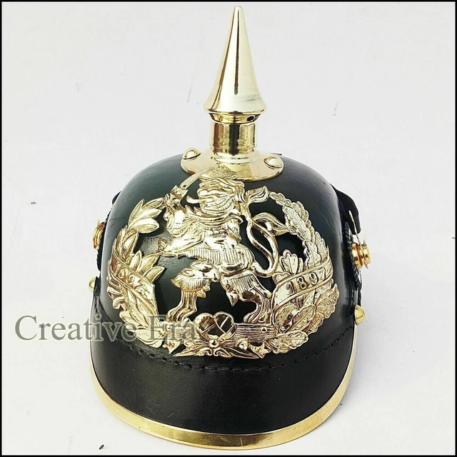 DEUTSCHER PICKELHAUBE OFFIZIERSLEDERHELM Massivmessing Bayerischer Helm ...