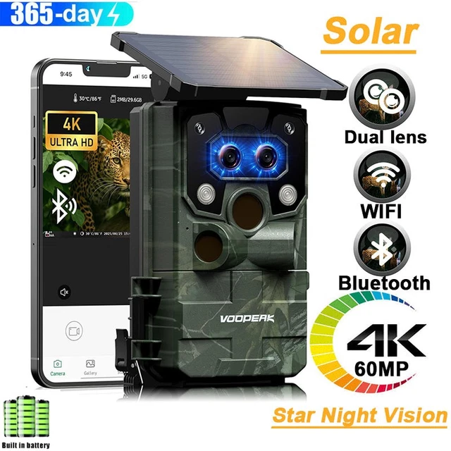 WILDKAMERA SOLAR 4K UHD 60MP Doppellinse WLAN Bluetooth Jagdkamera IR ...
