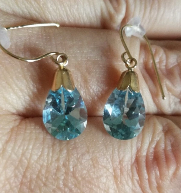 VTG NATURAL SWISS sky blue Topaz teardrop drop dangle solid 9ct gold ...