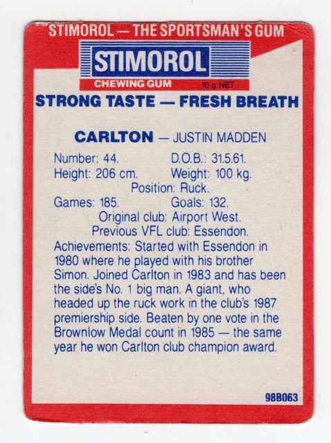 AFL SCANLENS 1990 #94 Carlton Justin Madden $3.99 - PicClick AU