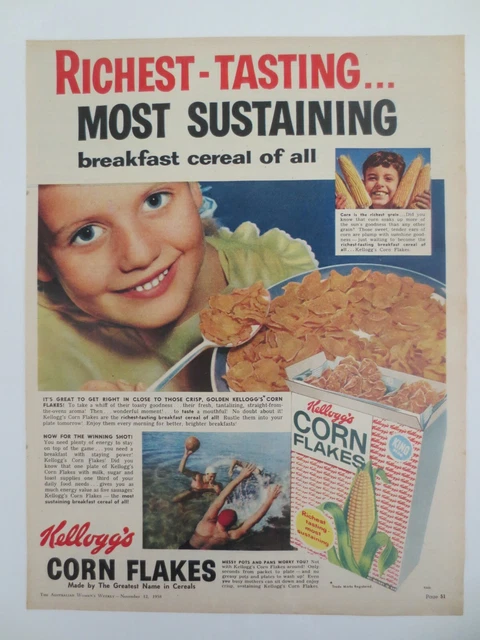 VINTAGE AUSTRALIAN ADVERTISING 1958 ad KELLOGG'S CORN FLAKES box cob ...
