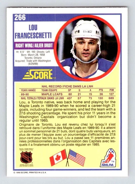 1990-91 SCORE HOCKEY canadien #266 Lou Franceschetti LNH Maple Leafs ...