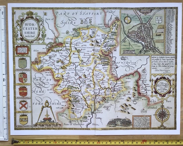 OLD HISTORIC TUDOR map of Worcestershire, England: John Speed 1600's ...
