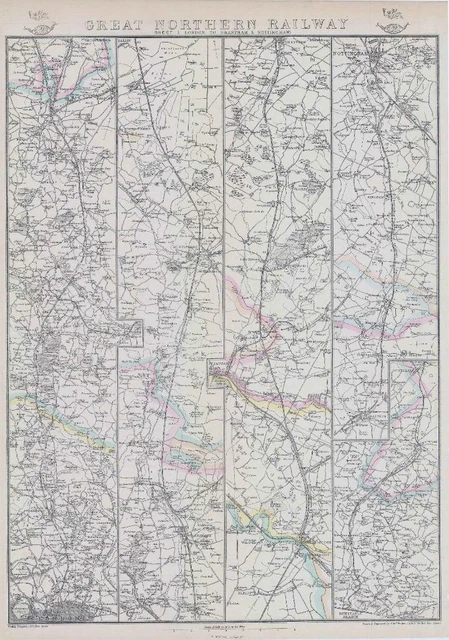 1863 MAP GREAT NORTHERN RAILWAY London Grantham & Nottingham by Weller ...